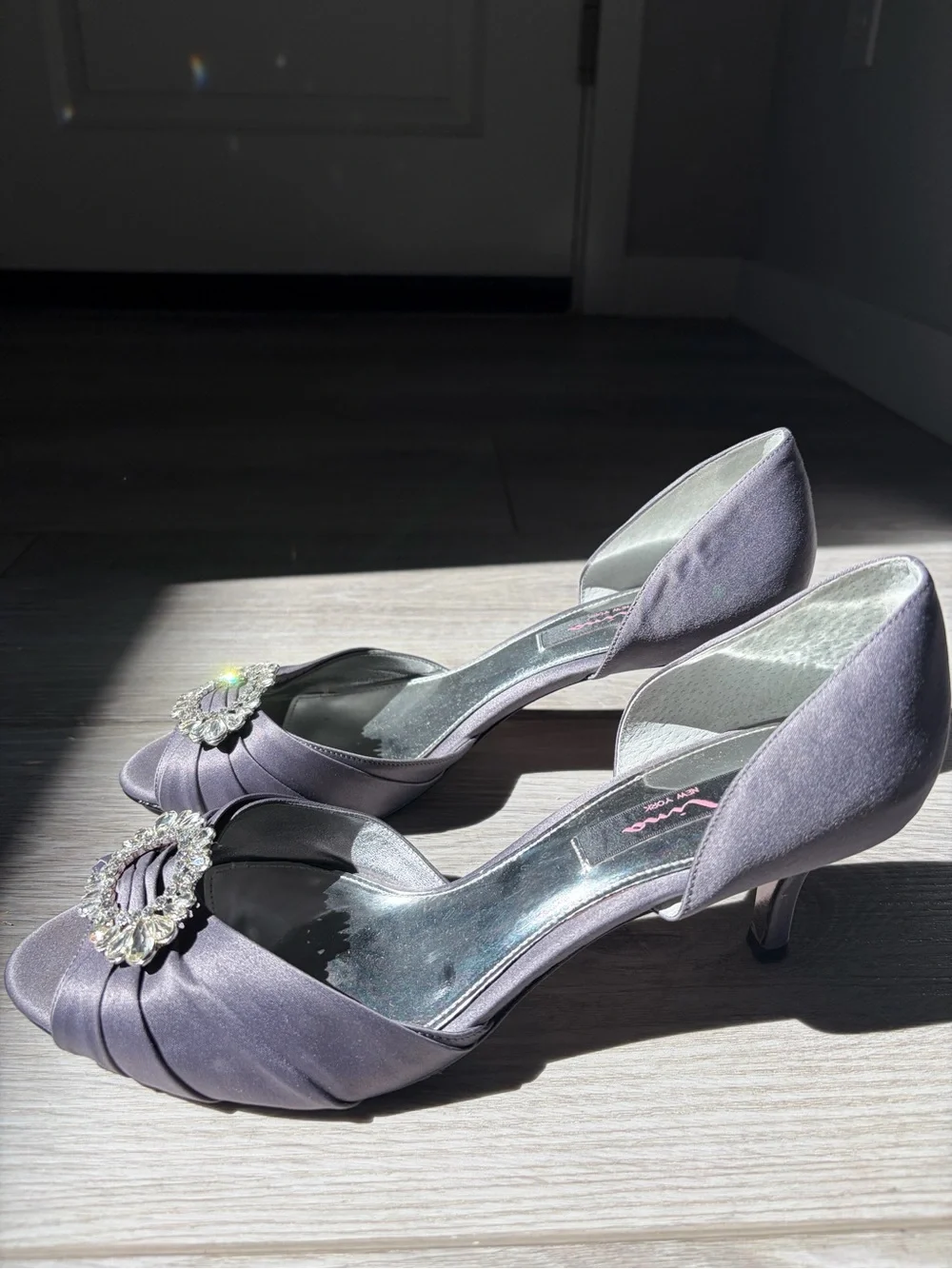 Nina | Shoes | Nina Lavender Satin Opentoe Heels With Crystal Buckle ...